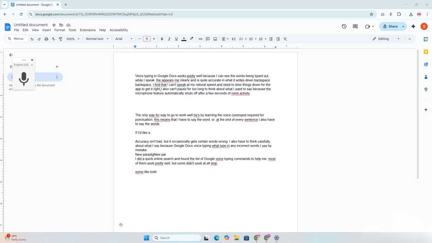 I used Google Docs' voice typing feature, and here's how it went
